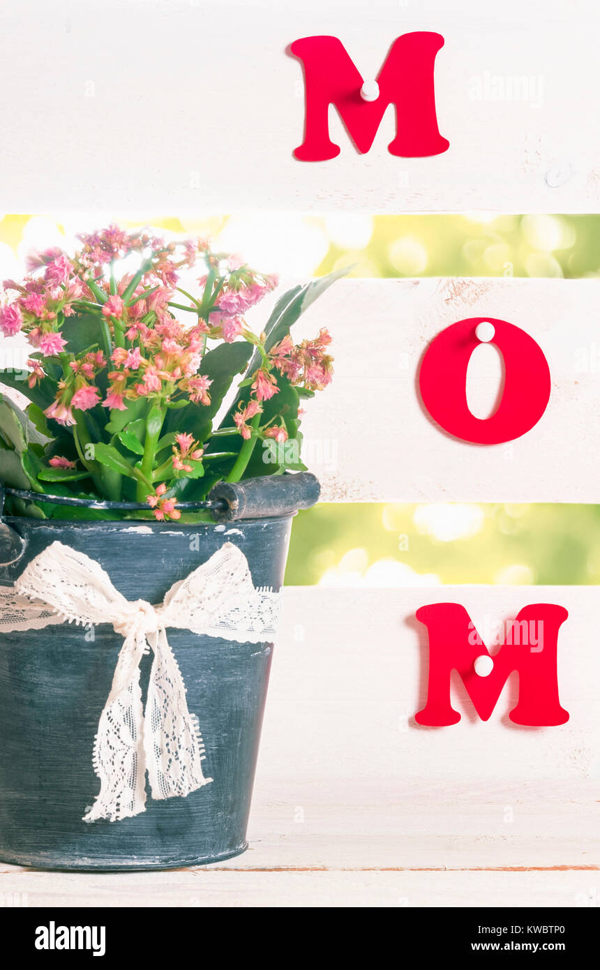 The word mom written with red paper letters and pinned to a white fence ...