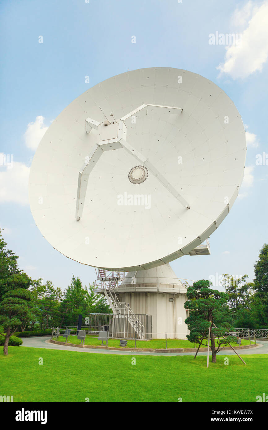 Parabolic antenna at the top of a hill with clear sky on background ...