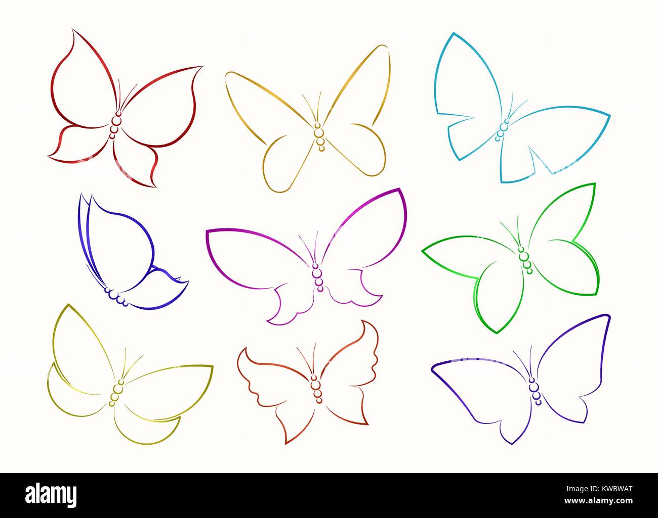 Set of nine butterfly full color vector outline silhouettes Stock ...