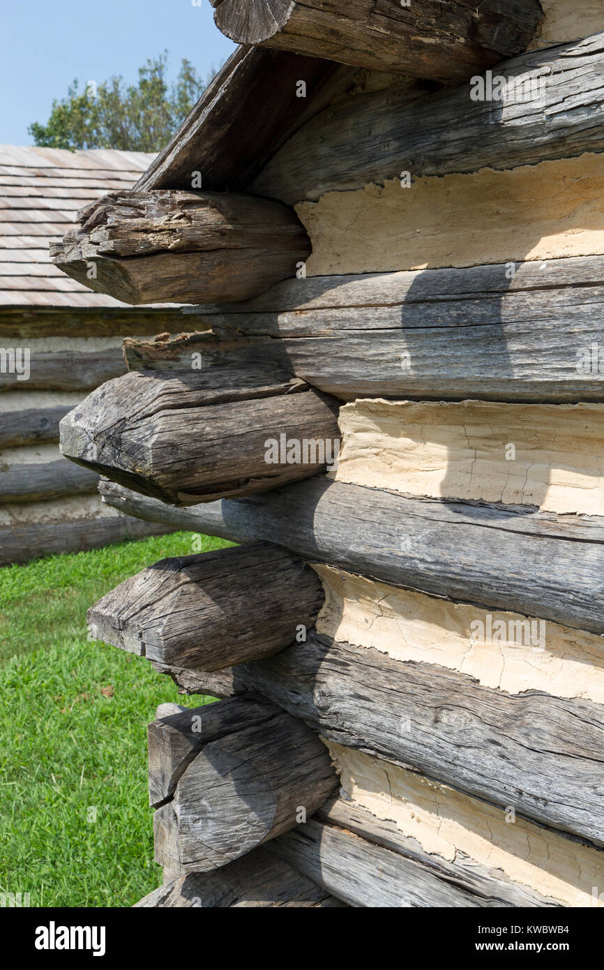 Construction detail on a replica wooden hut, part of a reconstructed ...