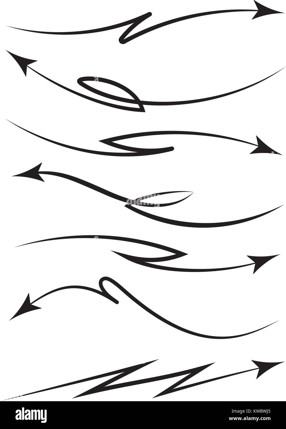 Set of 7 black coiled and curved arrows. Vector illustration Stock ...