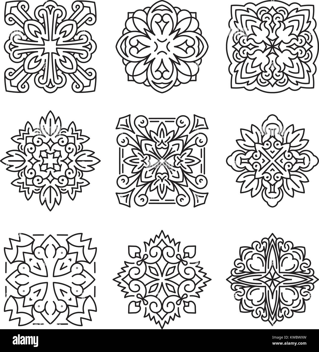 Set of 9 various design elements in a mono-line style. Vector ...