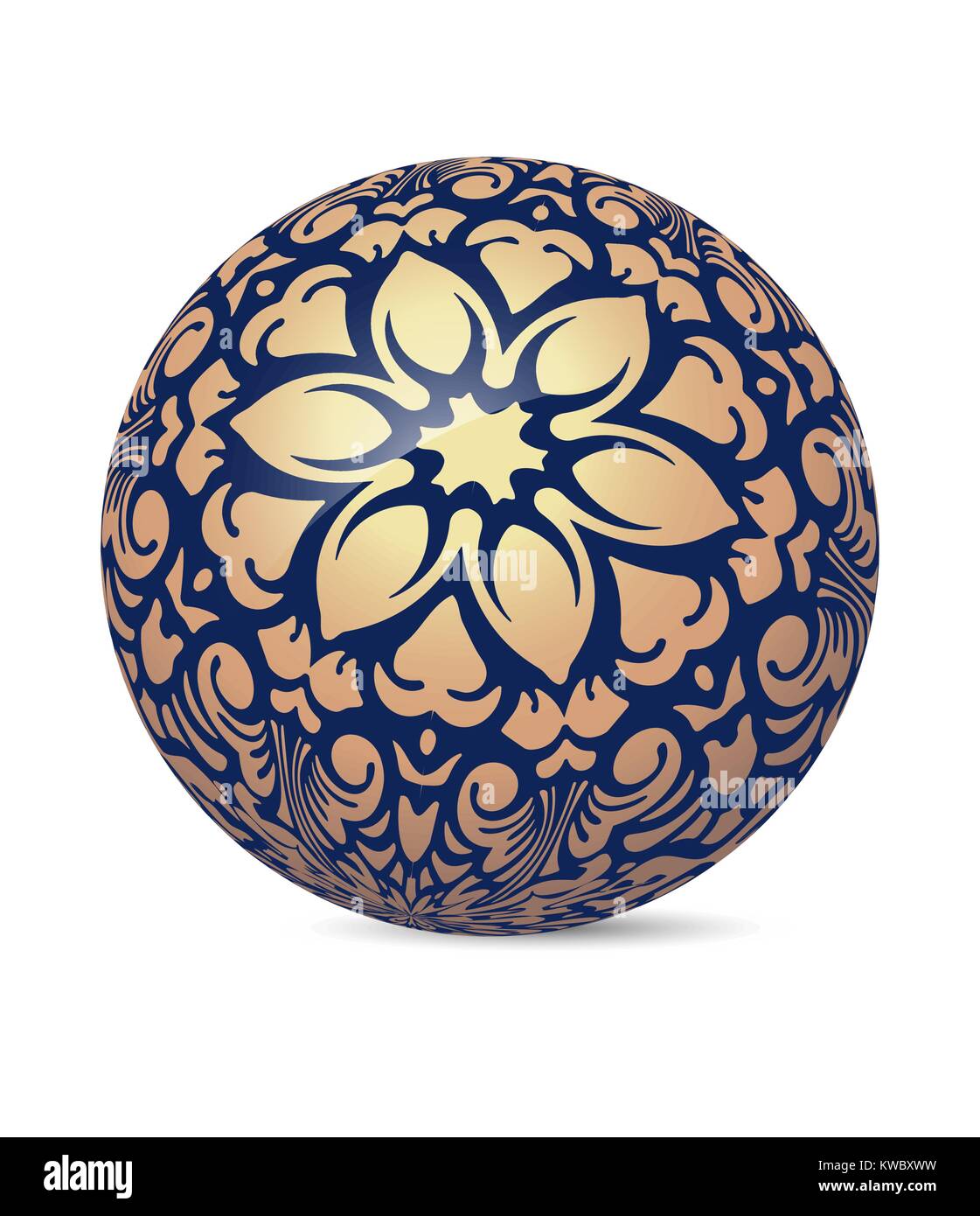 Unusual dark blue decorative glossy shine sphere ball with golden ...