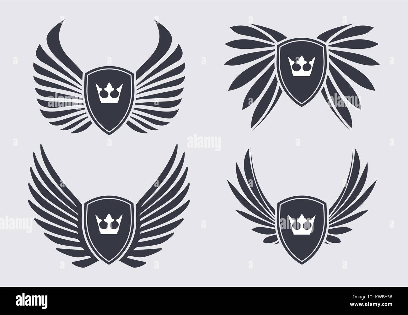 Set of 4 pair of stylish decorative vector wings with shields and ...