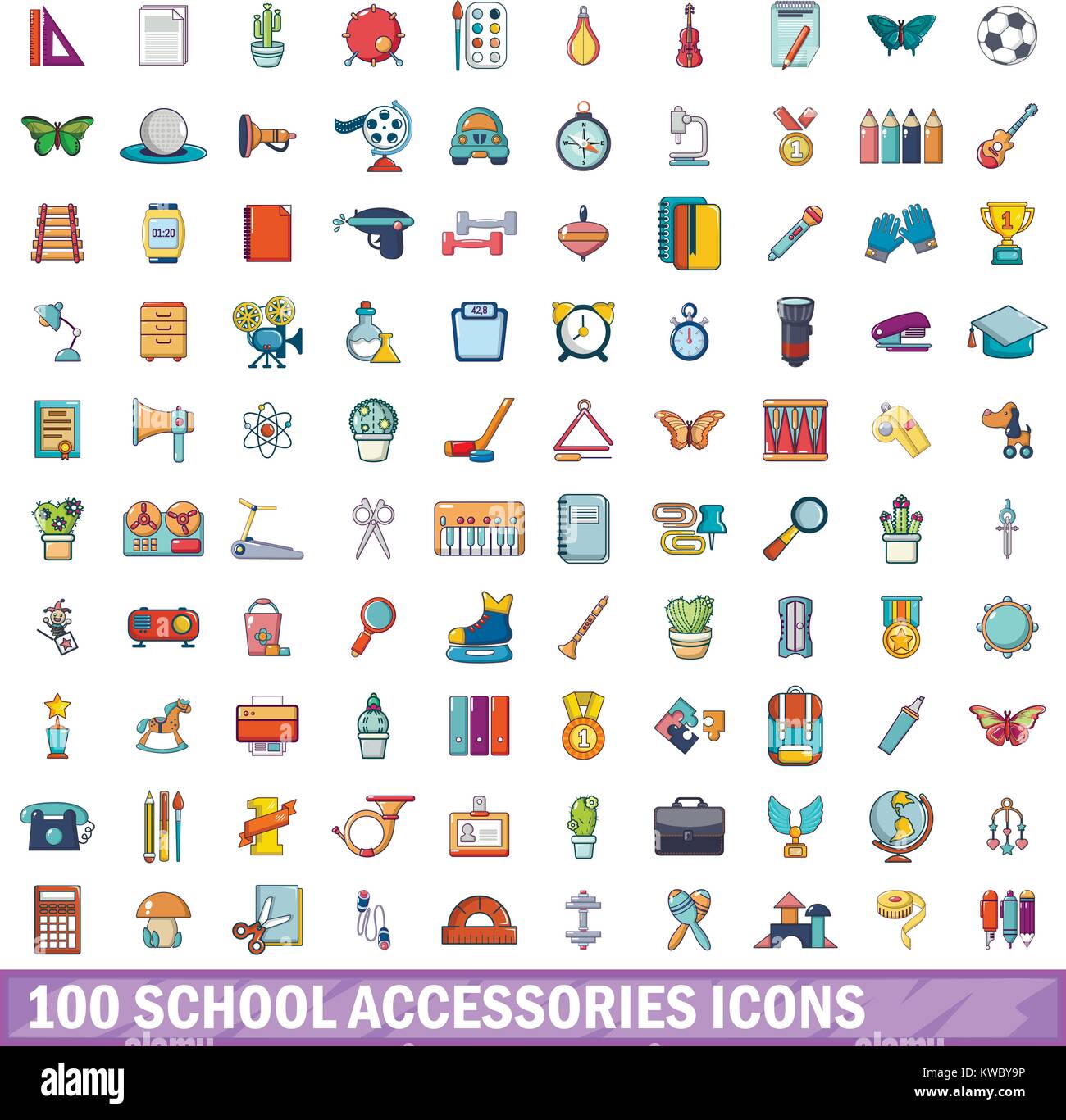 100 school accessories icons set, cartoon style Stock Vector Image ...
