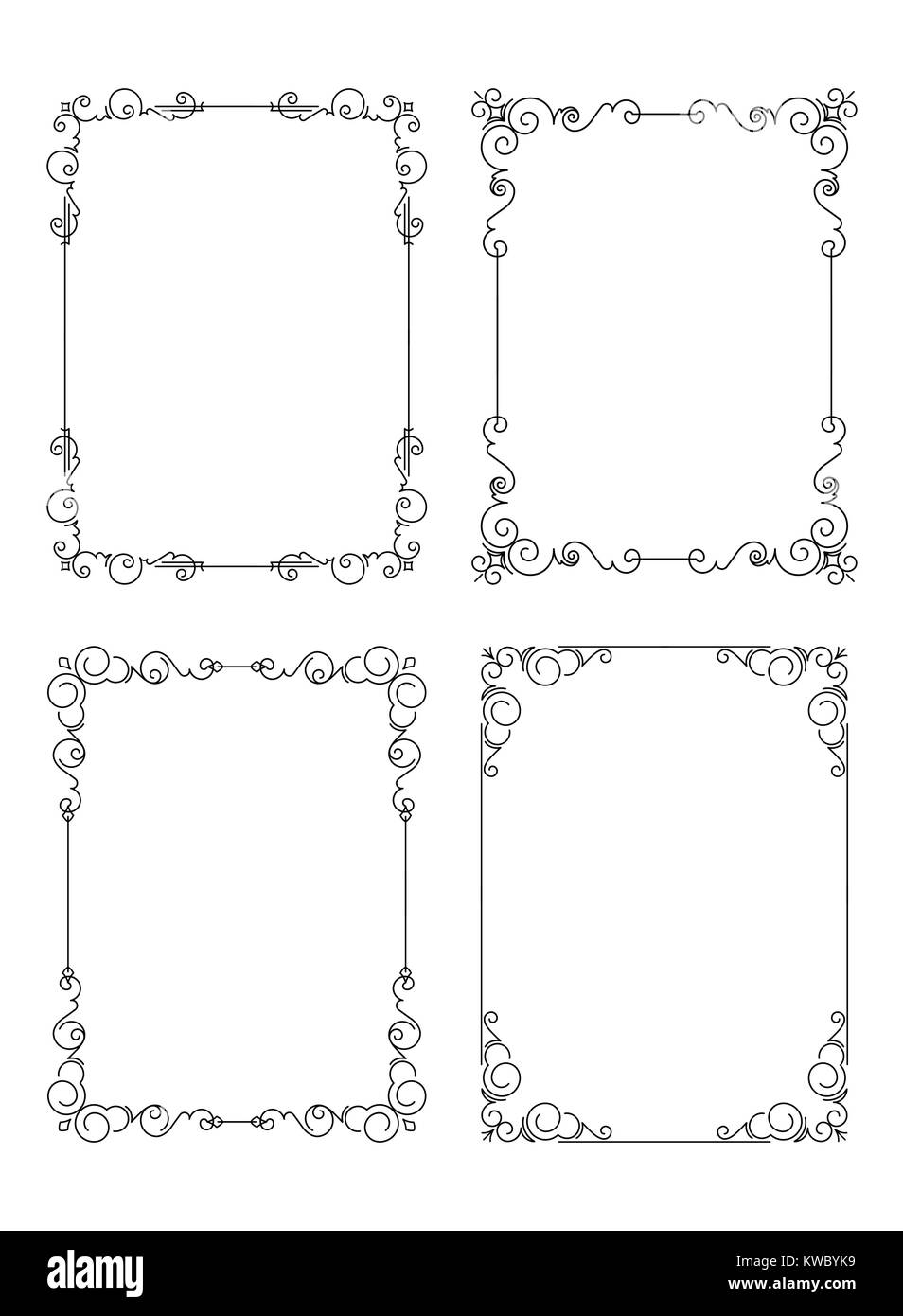 Set of six unusual calligraphic frames in mono line style with rounded ...