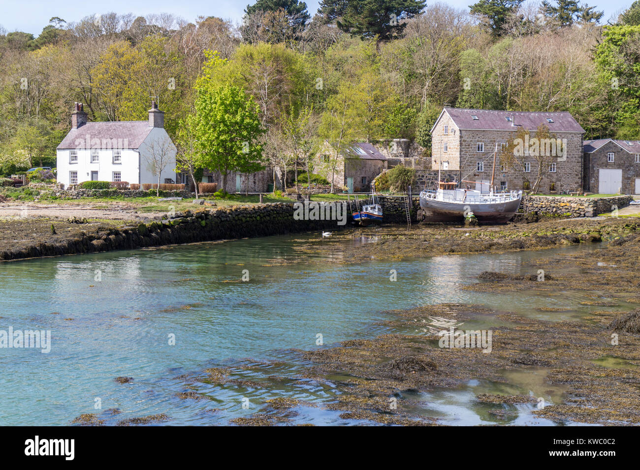 Old mill and traditional Welsh house across a creek, Anglesey, Wales ...