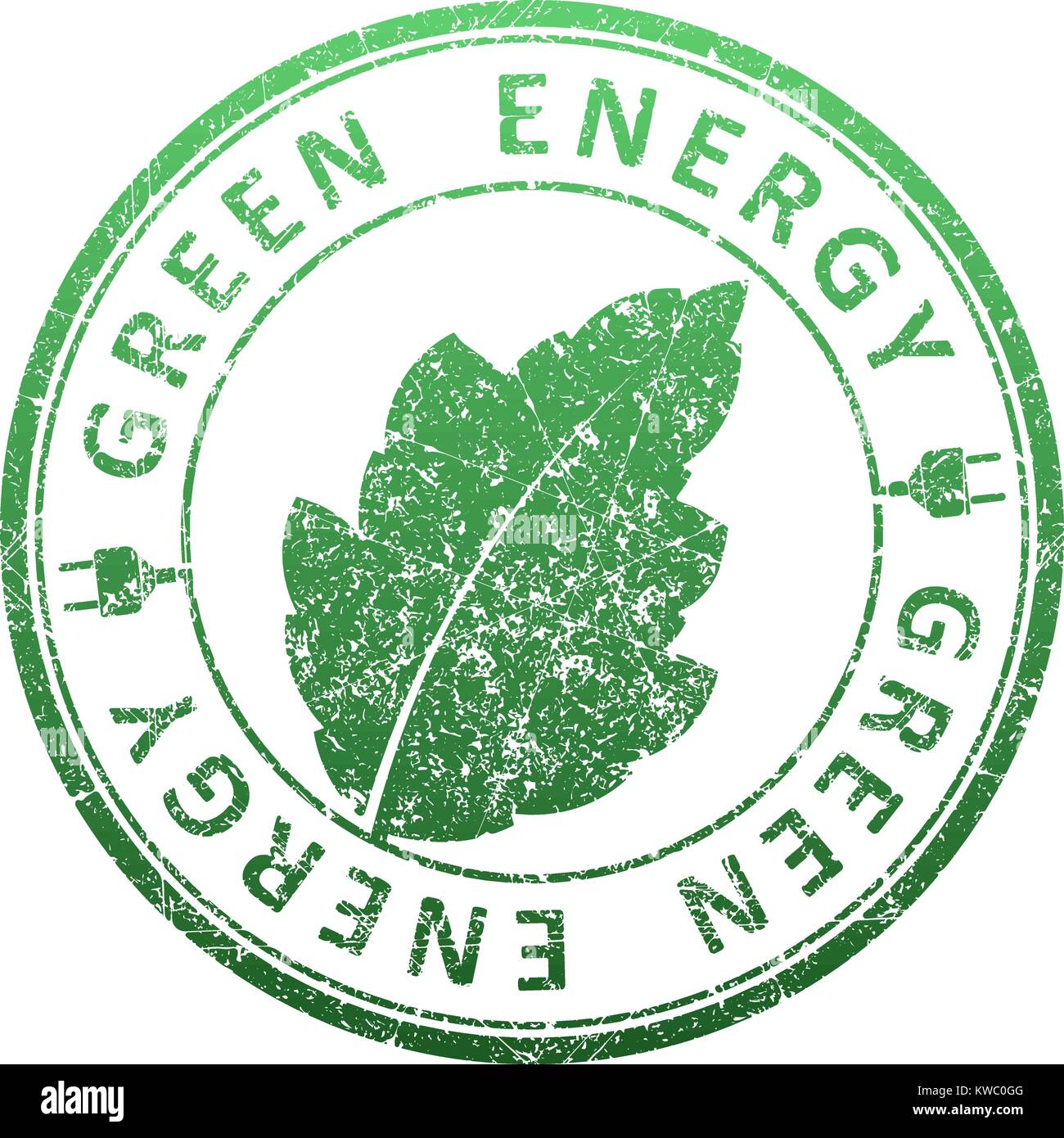 Rubber stamp green energy round vector design with leaf and power plug ...