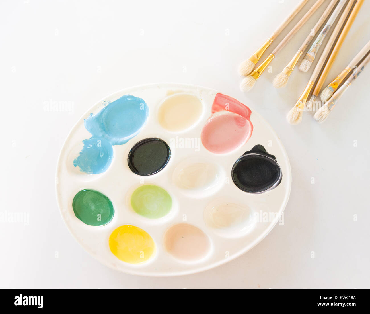 The colorful water colour plate with brushes on white background Stock ...