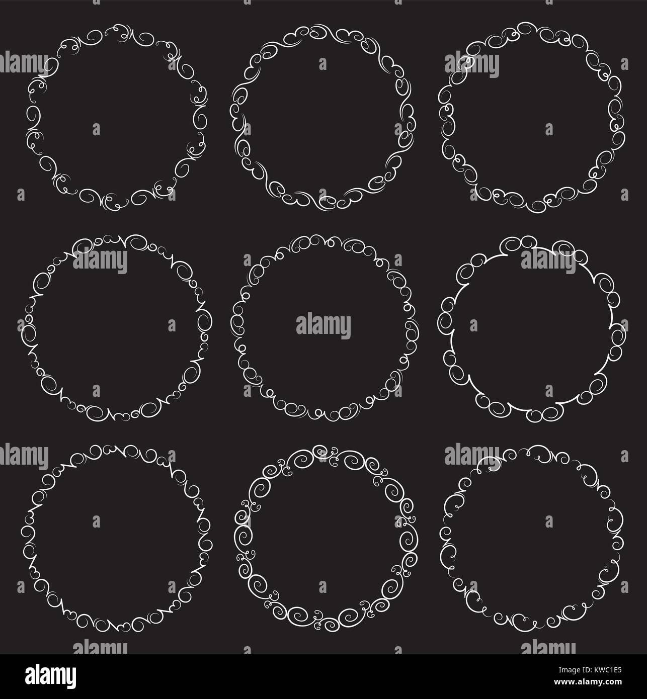 Set of 9 vector decorative round frames on black background Stock ...