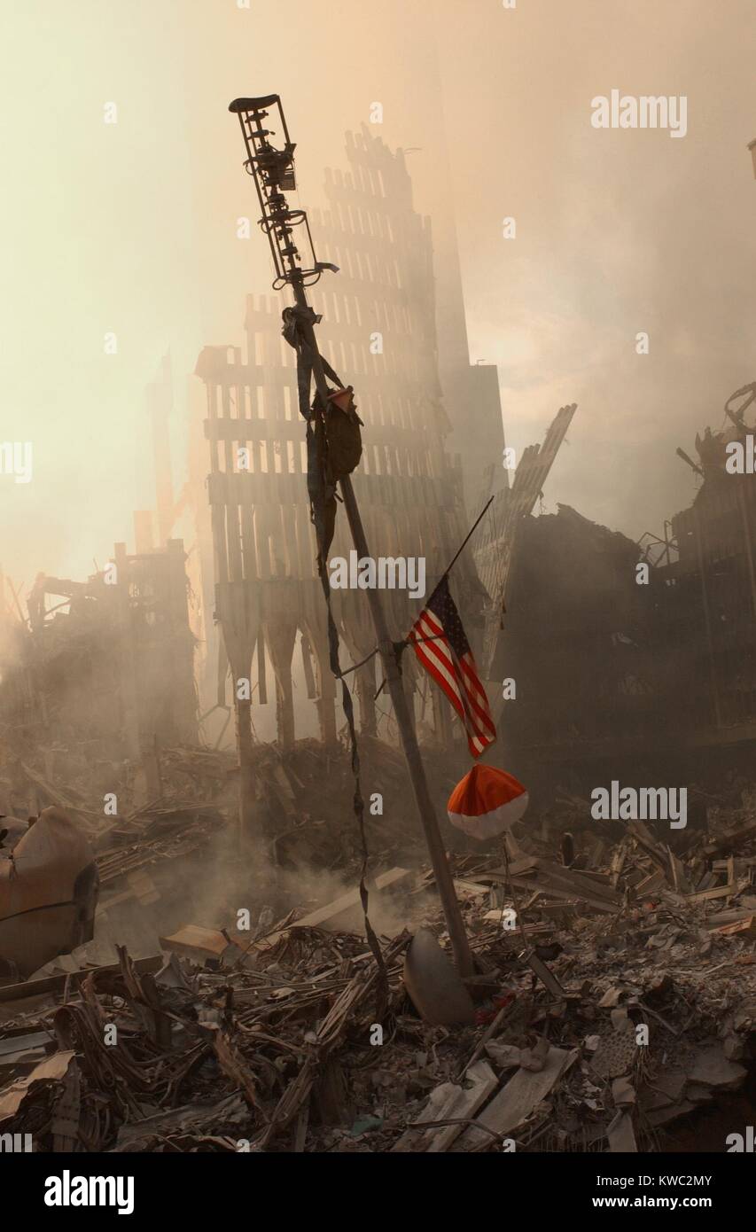 The airplane alert antenna sits amidst the rubble of the World Trade ...