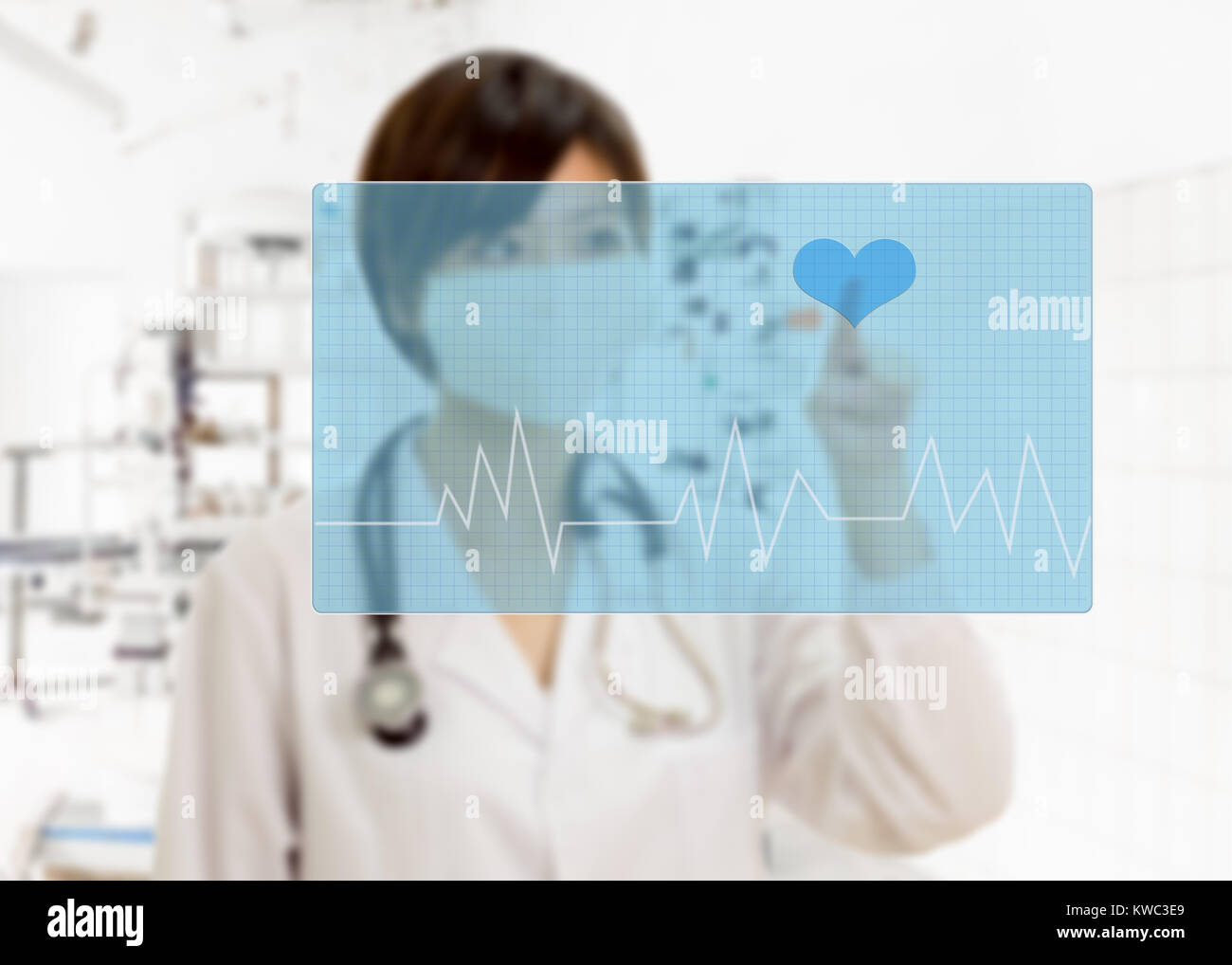Defocused Asian American female doctor with stethoscope pressing heart ...