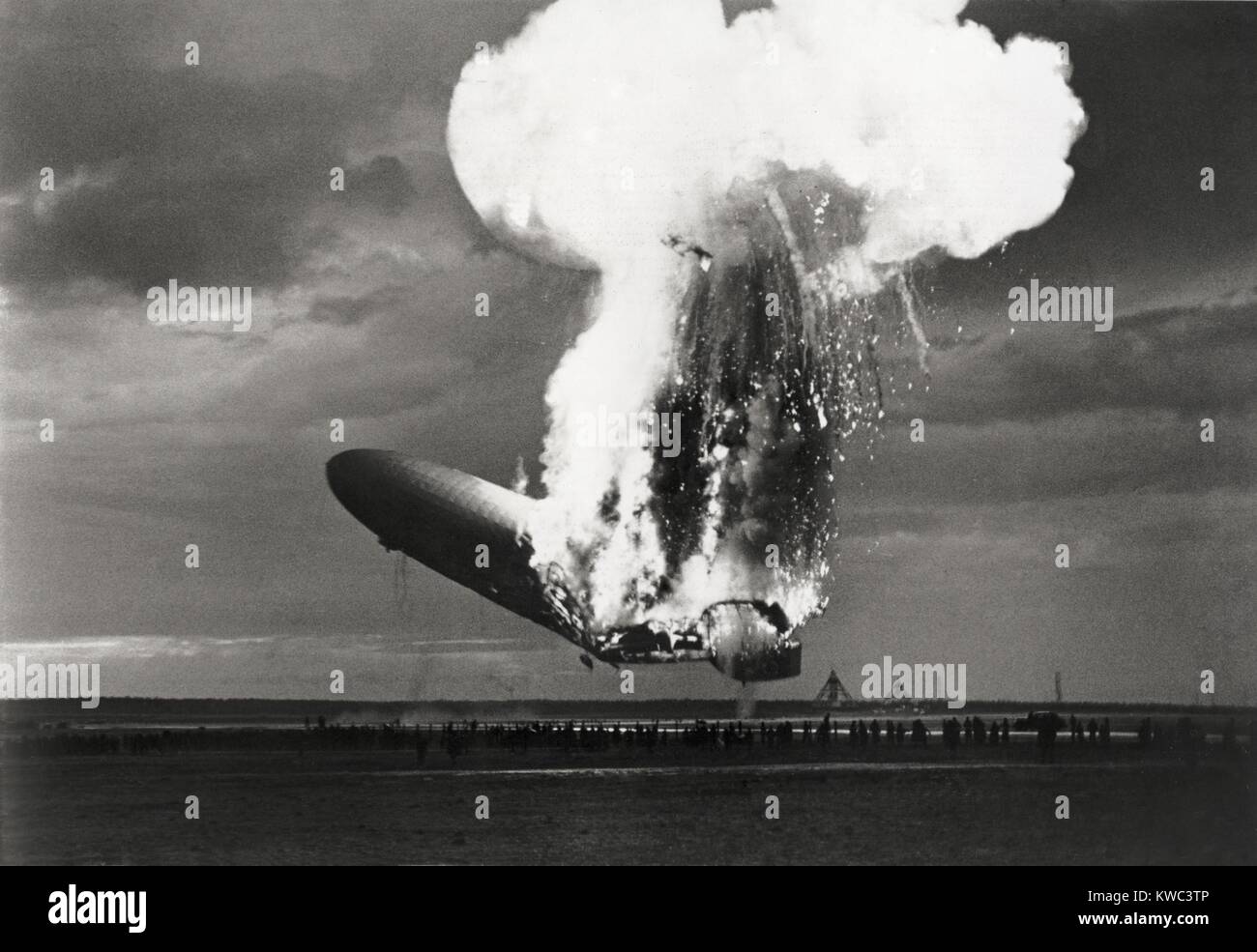 Left side view of German airship 'Hindenburg' burning, at Lakehurst, N ...