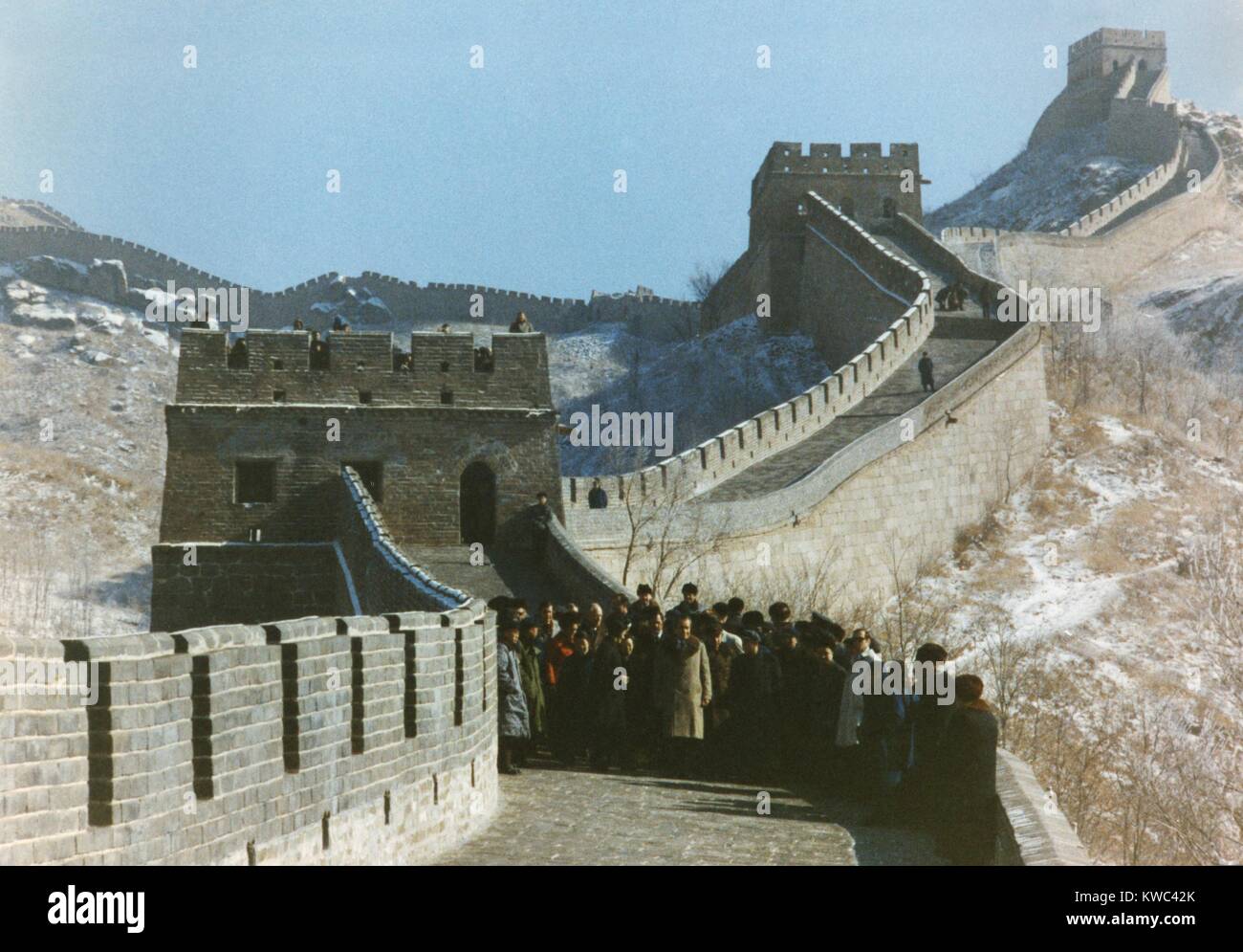 President Richard Nixon and his entourage on the Great Wall during his ...