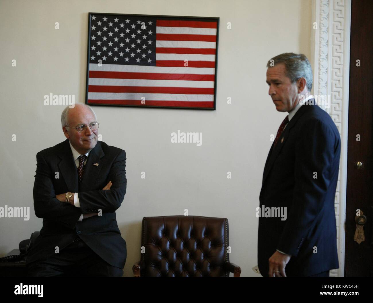 President Bush and Vice President Cheney outside the Indian Treaty Room ...