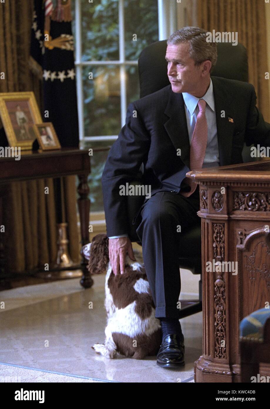 President George W. Bush pets Spot in the Oval Office of the White ...