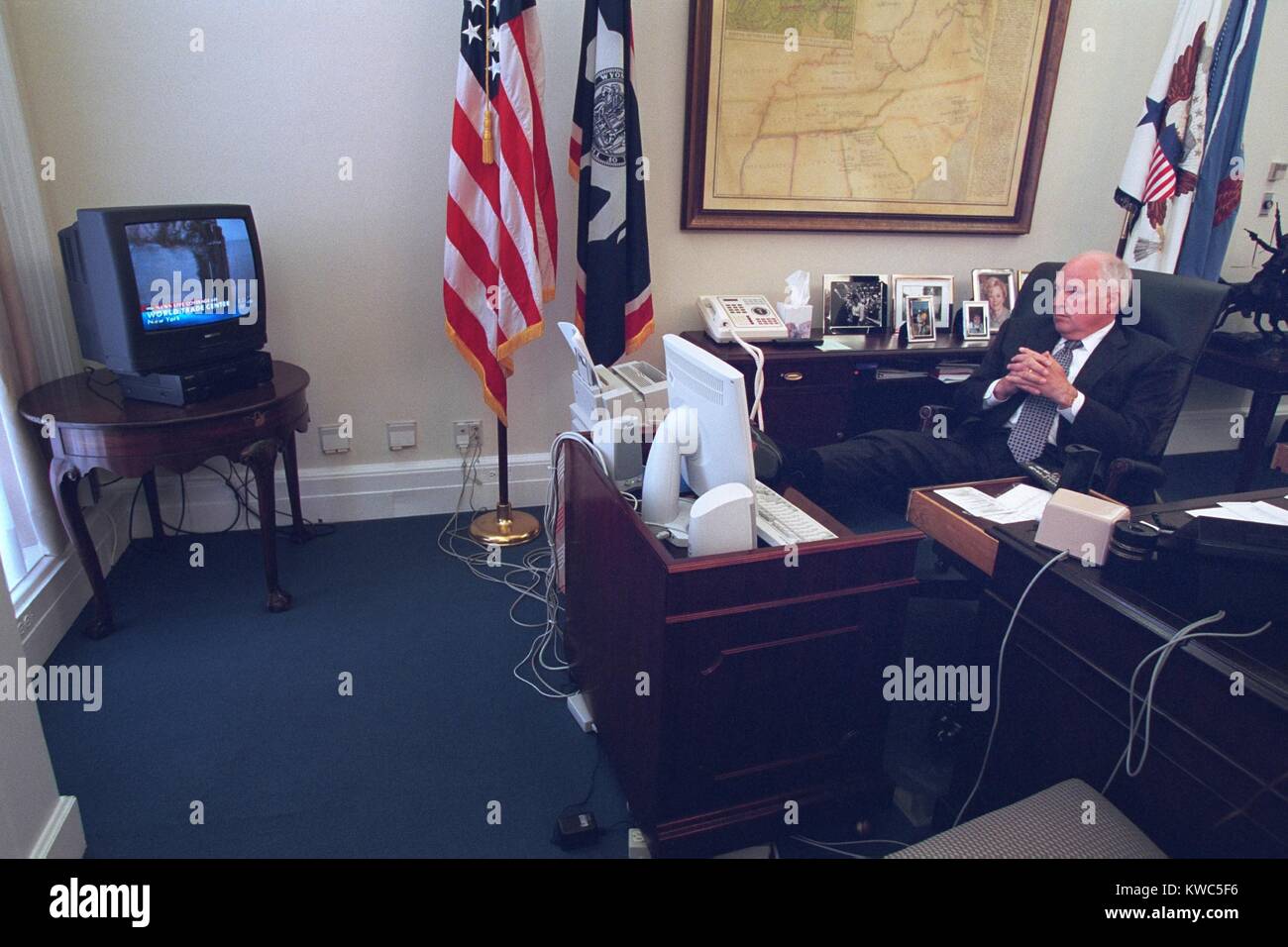 VP Dick Cheney watching the burning World Trade Center in a White House ...