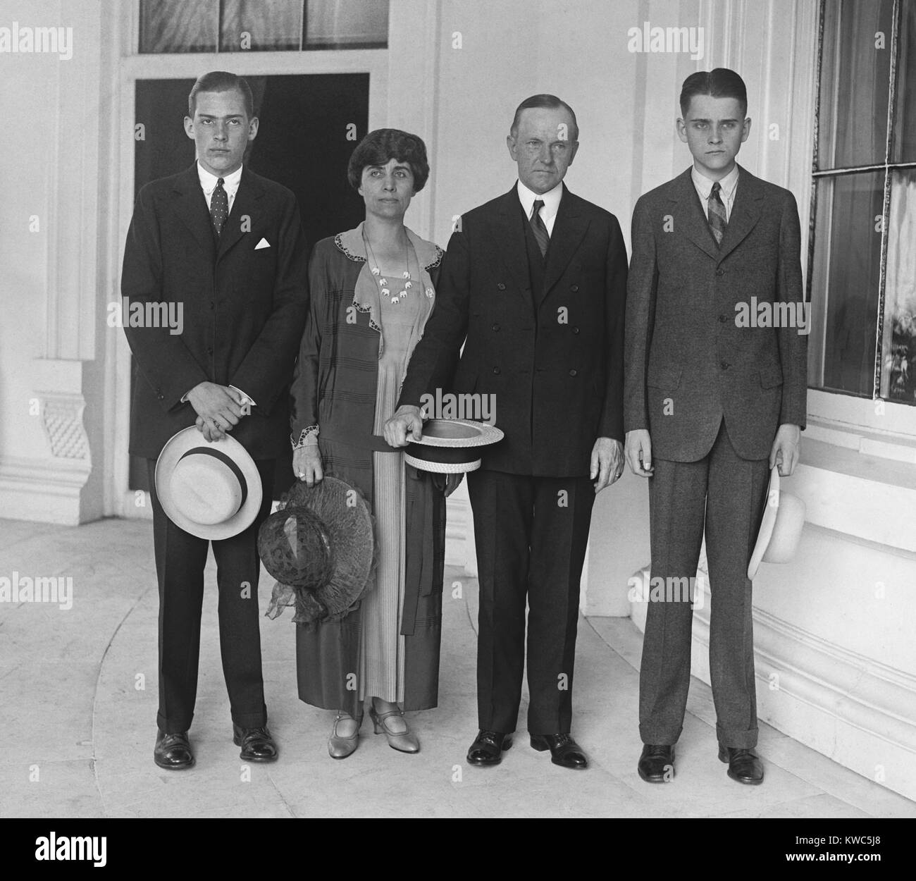 President Calvin Coolidge with his family at the White House, June 30, 1924. L-R: John, age 17 ...