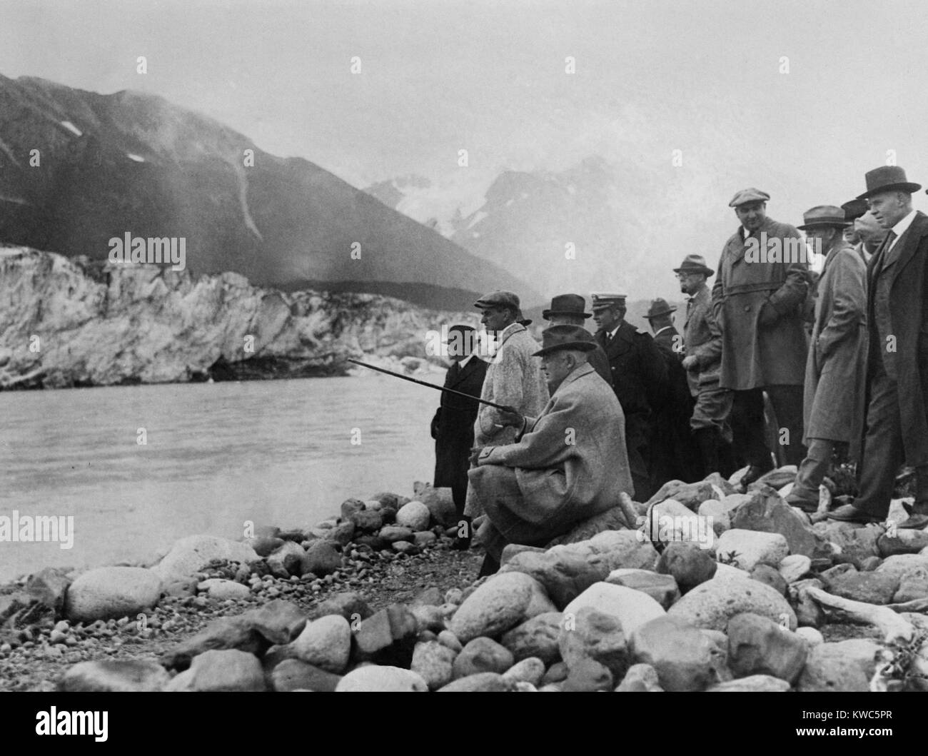 President Warren Harding and his Alaska touring party near a glacier ...