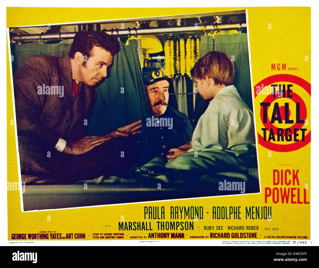 THE TALL TARGET, US lobbycard, from left: Dick Powell, Adolphe Menjou ...