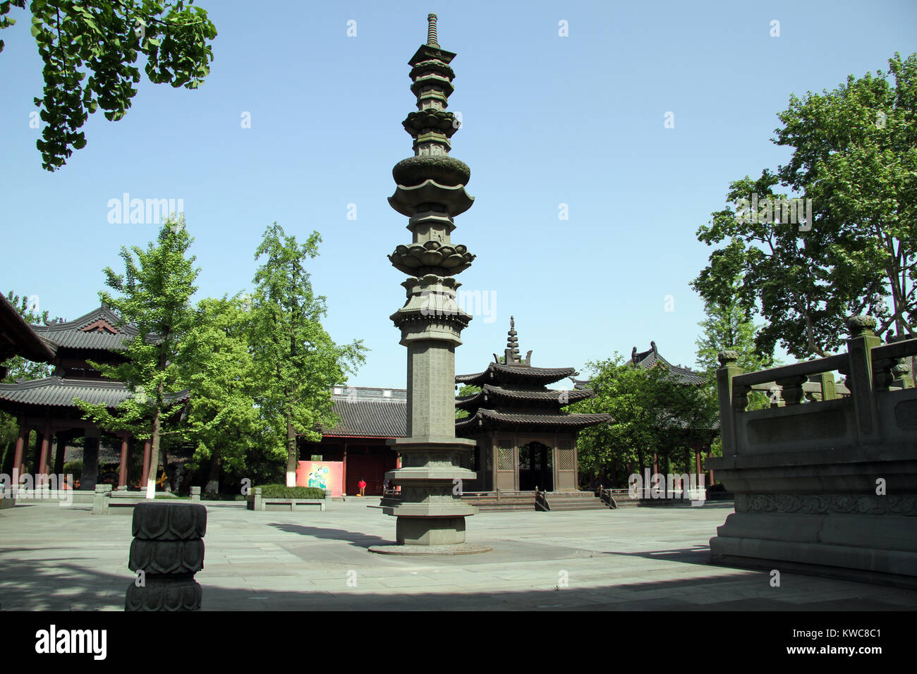 Column and pagoda inside buddhist temple in Hangzhou, China Stock Photo ...