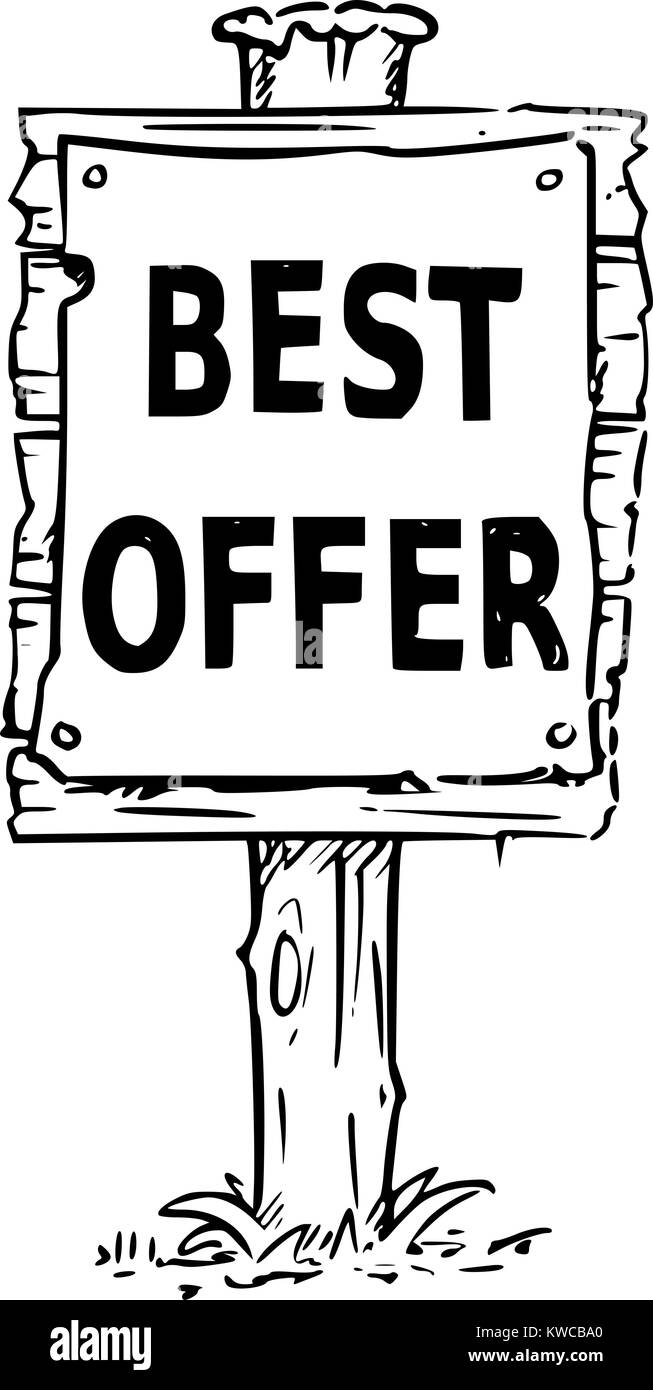 Vector drawing of wooden sign board with business text best offer Stock ...