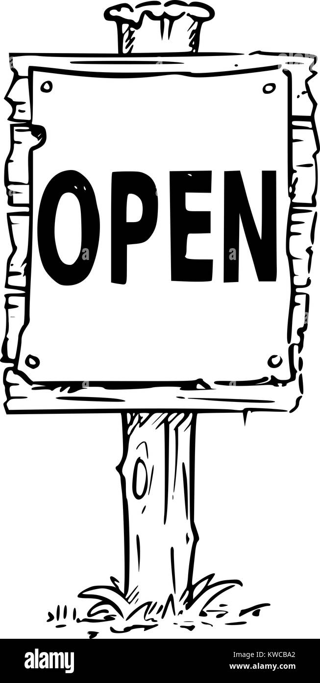 Vector drawing of wooden sign board with business text open Stock ...