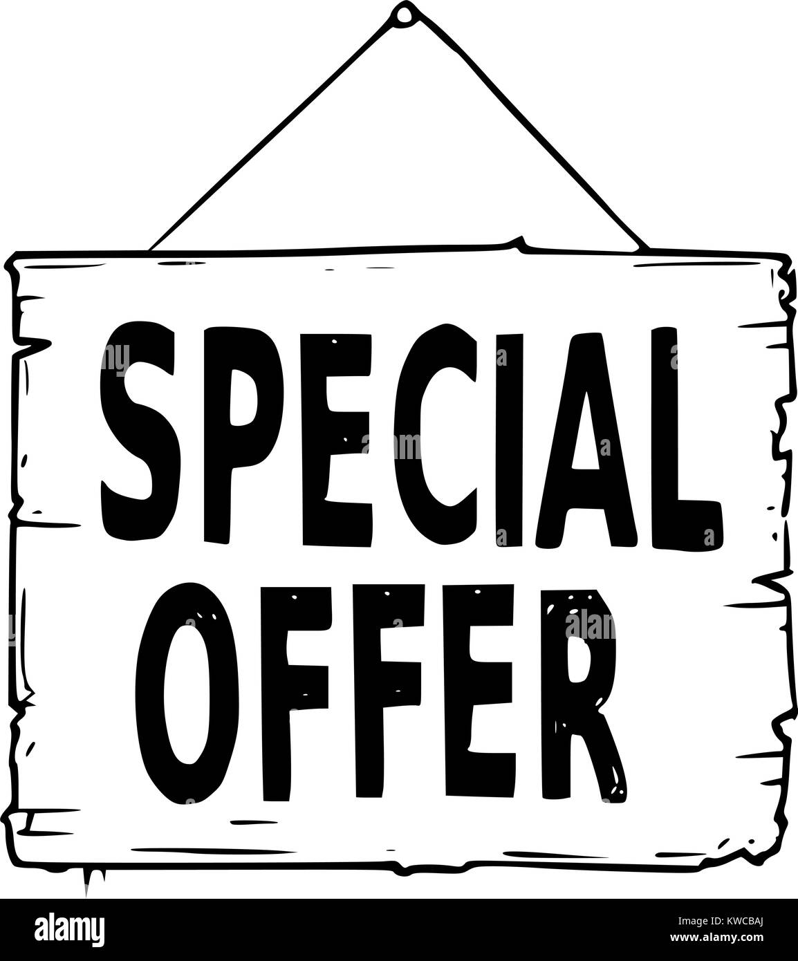 Vector drawing of rope hanging wooden sign board with business text ...