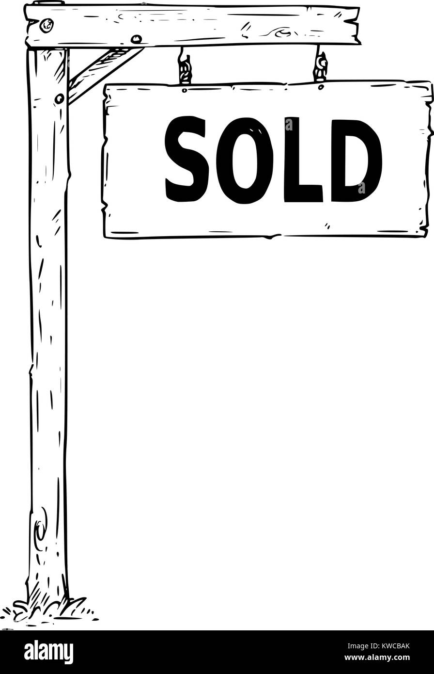 Vector drawing of hanging wooden sign board with business text sold ...