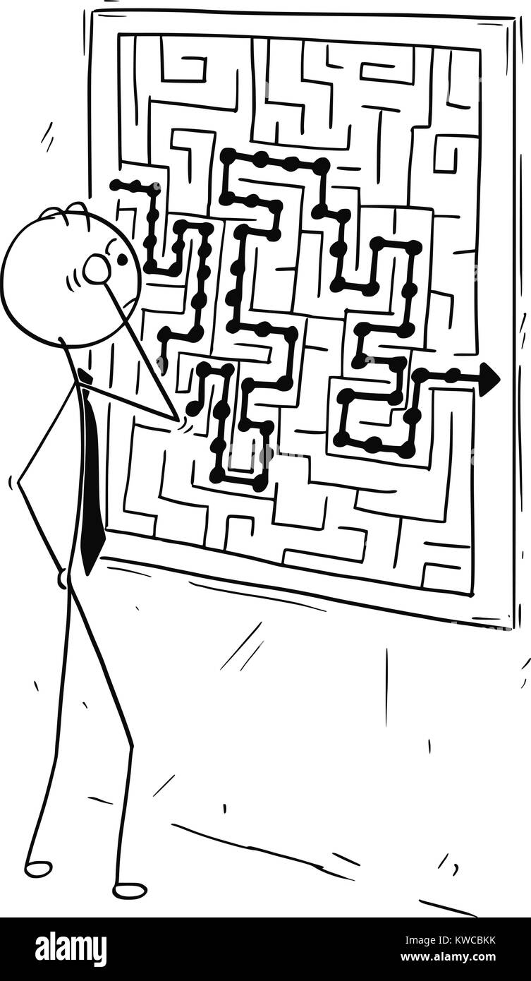 Cartoon stick man concept drawing illustration of businessman looking ...