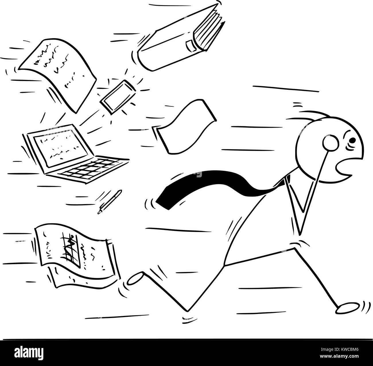 Cartoon stick man concept drawing illustration of overworked tired ...