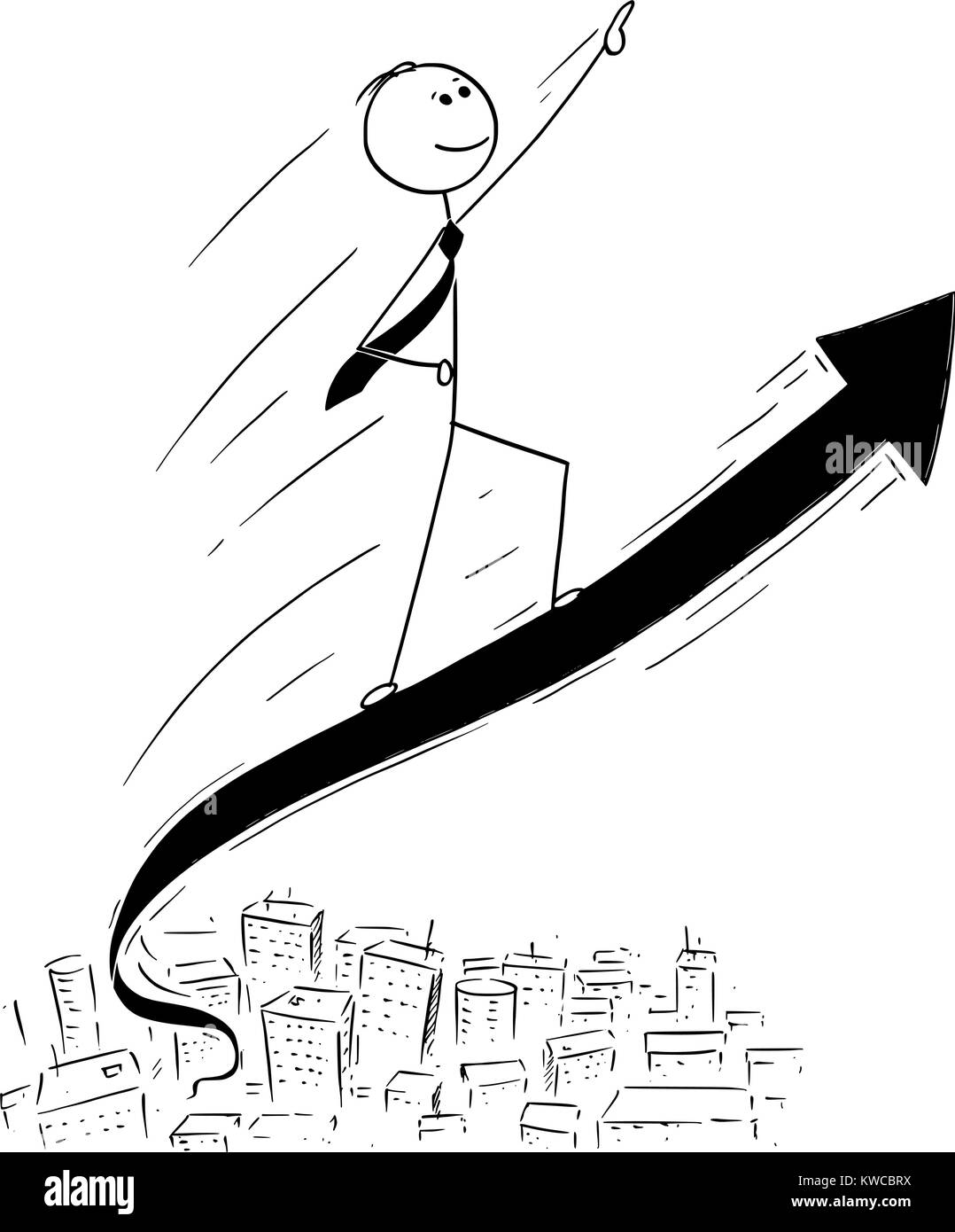 Cartoon stick man drawing conceptual illustration of businessman ride ...