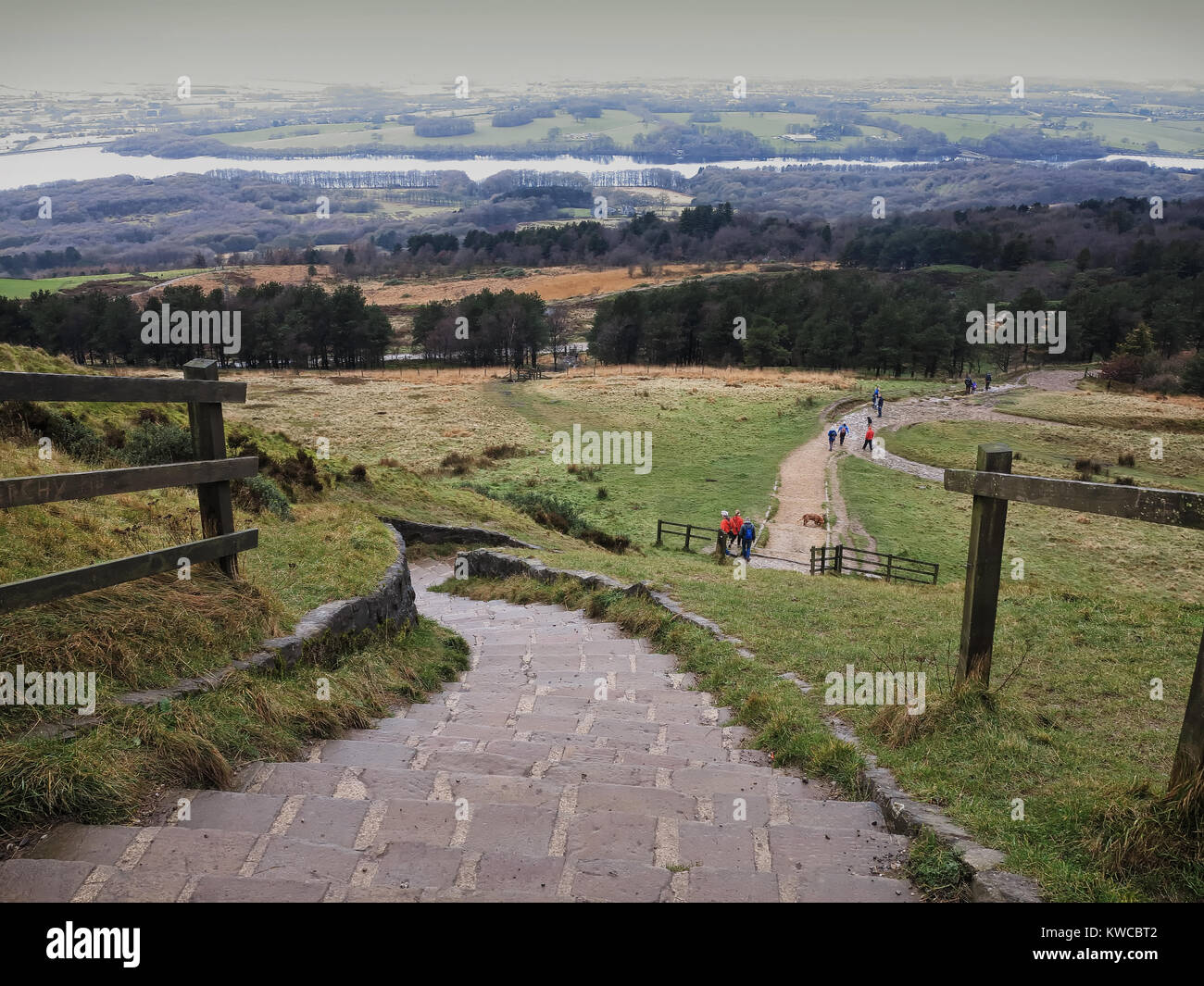 Looking down from Rivington Pike Tower, facing the distant Lancashire ...