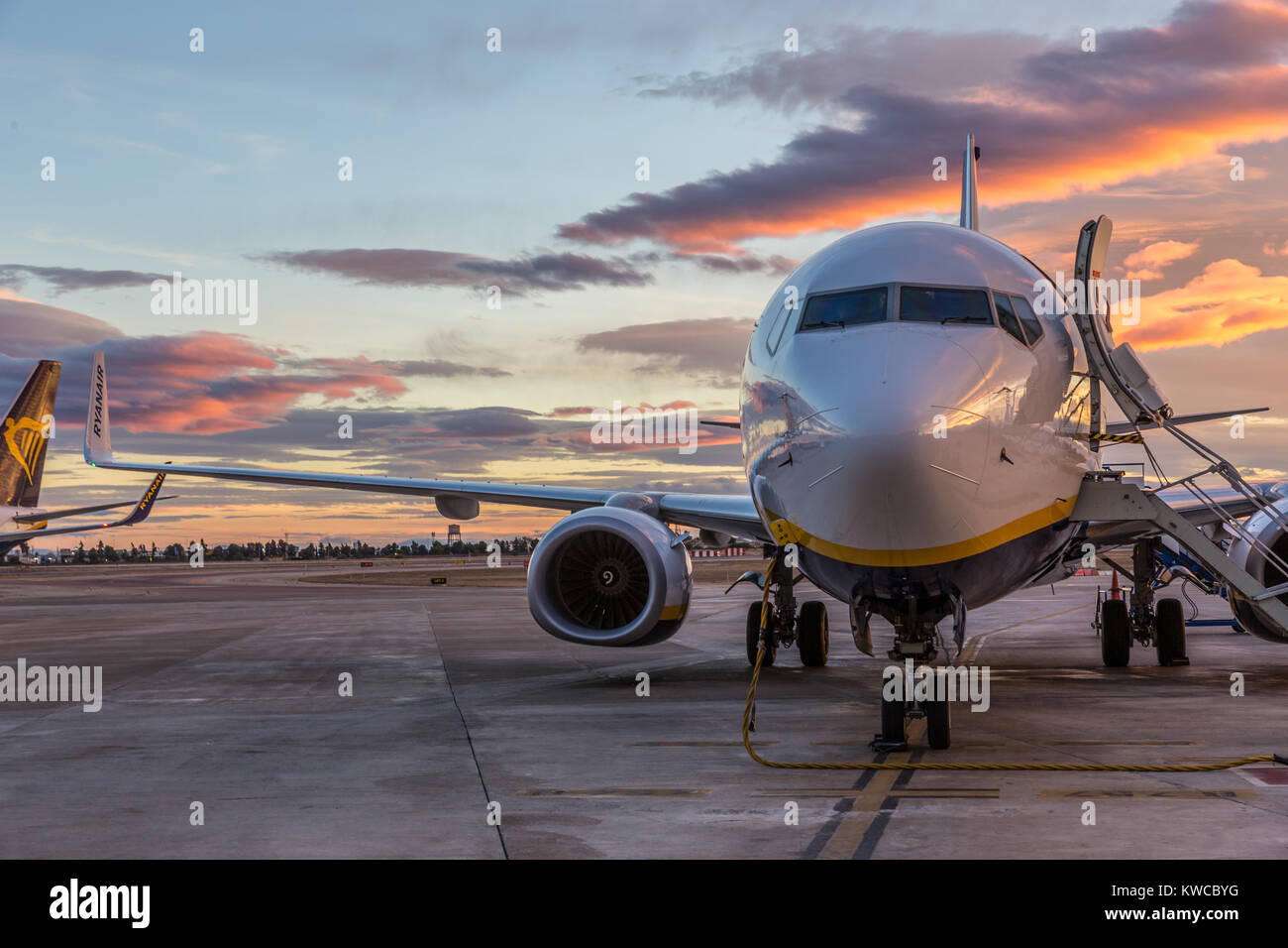 Ryanair Jet commercial airplane on Valencia airport at sunset Stock ...