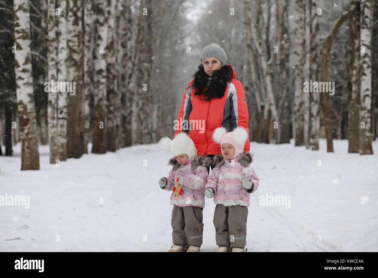 Children walk in the park in winter. Winter forest family with children ...