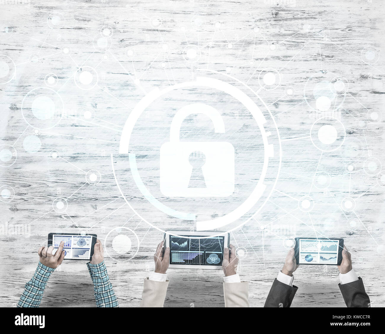 Group of people with devices in hands working together and symbol of ...