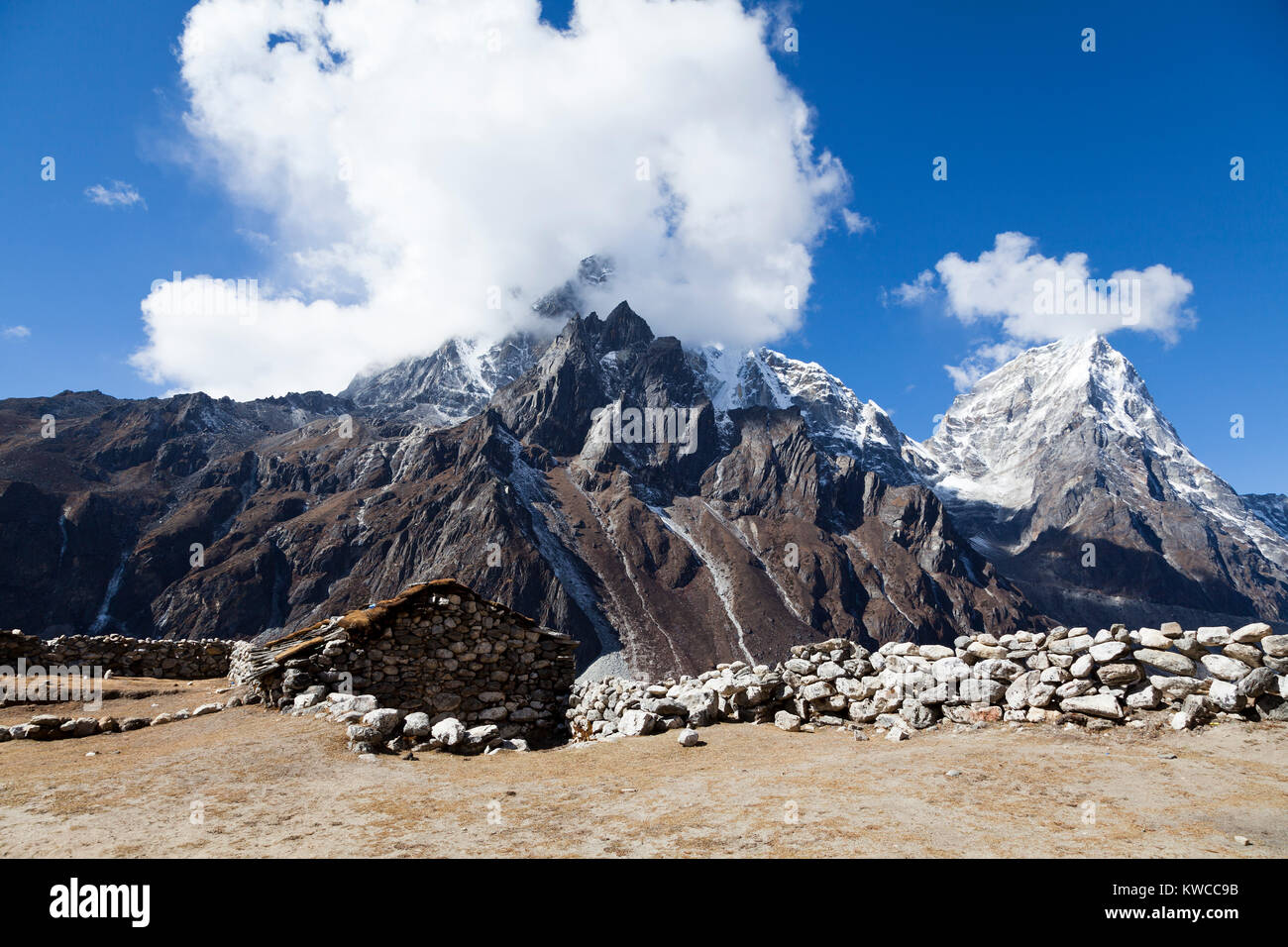 Himalayas, Nepal, Nov 2017 A tourist trekking to Lobuche village 5000 m ...