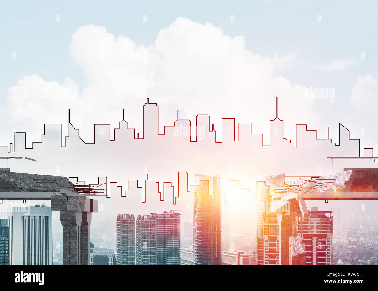 A gap in concrete bridge as symbol of danger and risk with silhouette ...