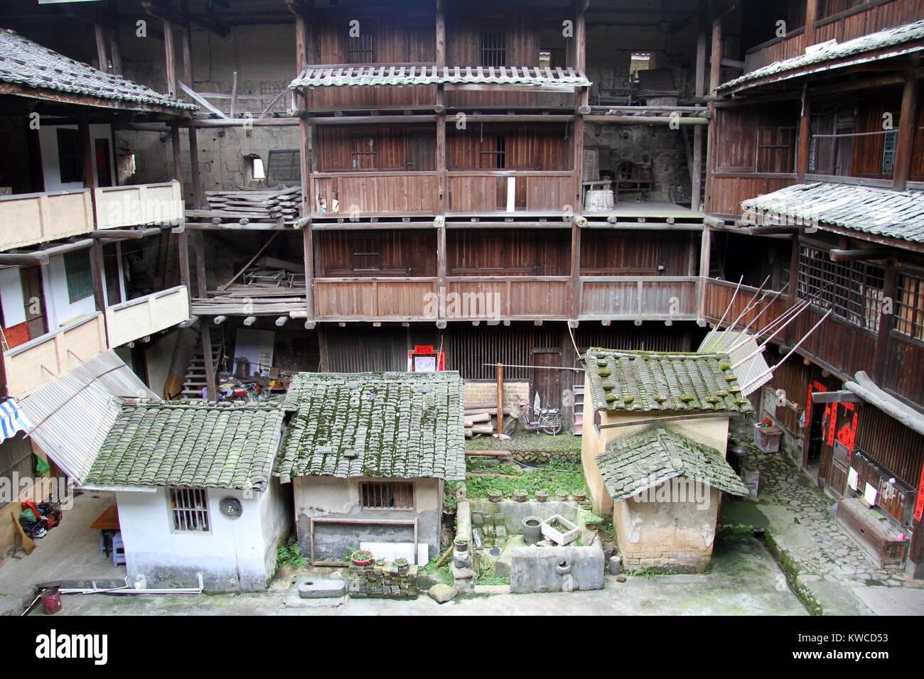 Inside big wooden tulou in chinese village, China Stock Photo - Alamy