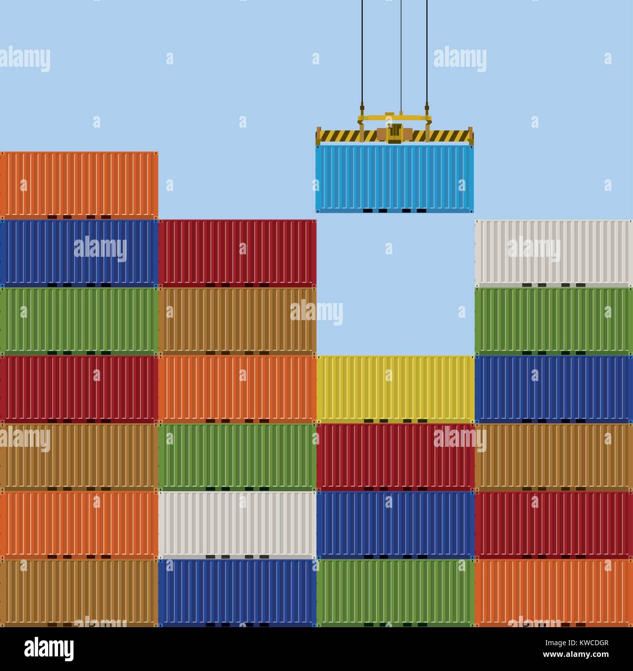 Crane lifting cargo container from large stack vector illustration ...