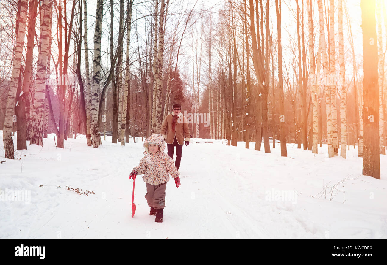 Winter park under the snow. January morning walk through the forest ...