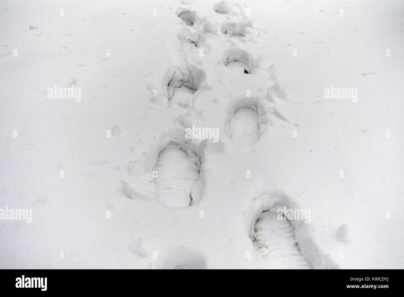 Footprints in the snow. Footprints on the first snow. Imprint of shoes ...
