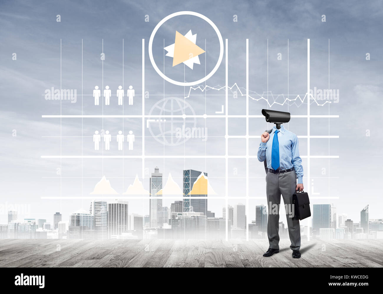 Camera headed man standing on wooden floor against modern cityscape ...