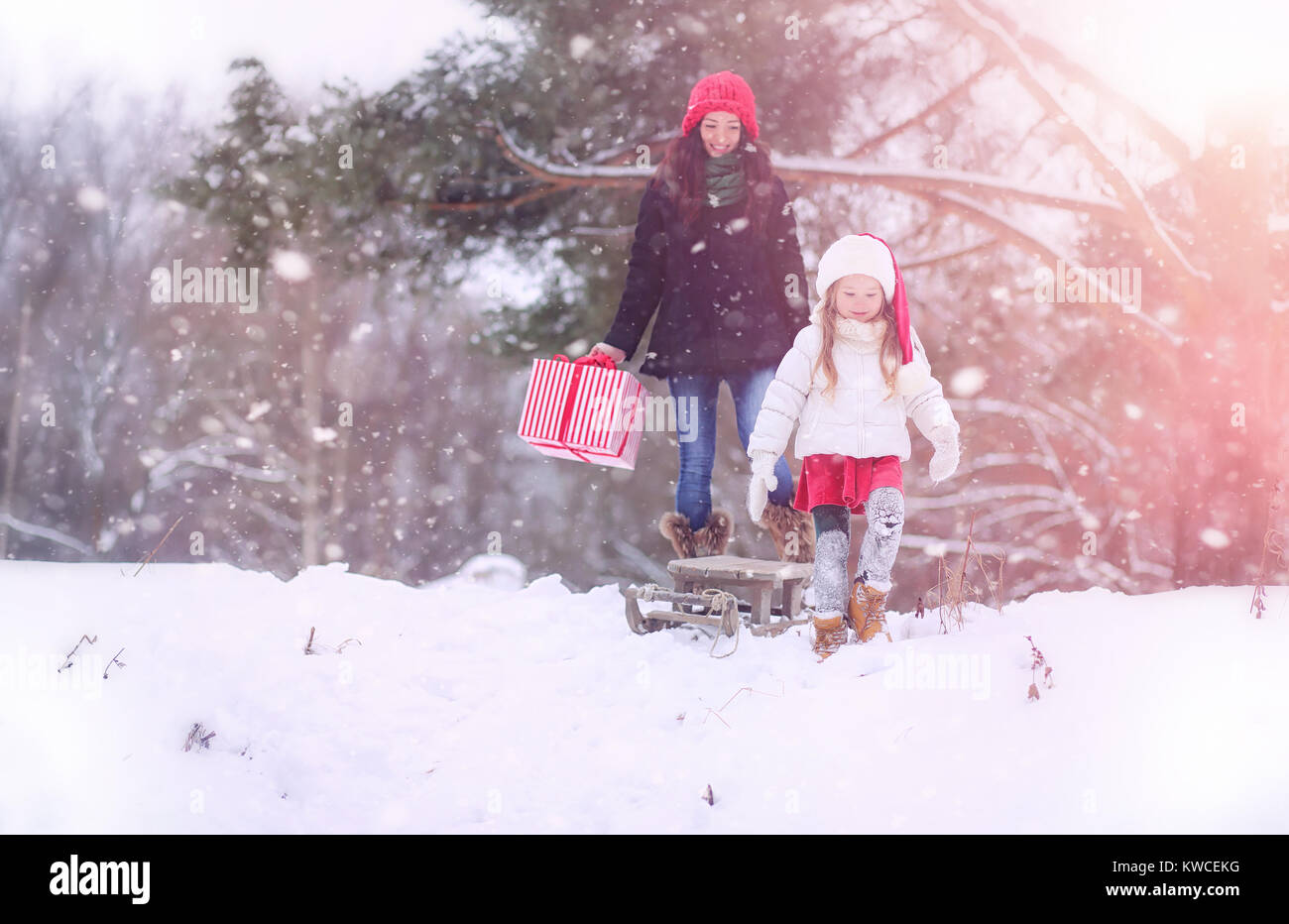 Winter fairy tale, a young mother and her daughter ride a sled in the ...