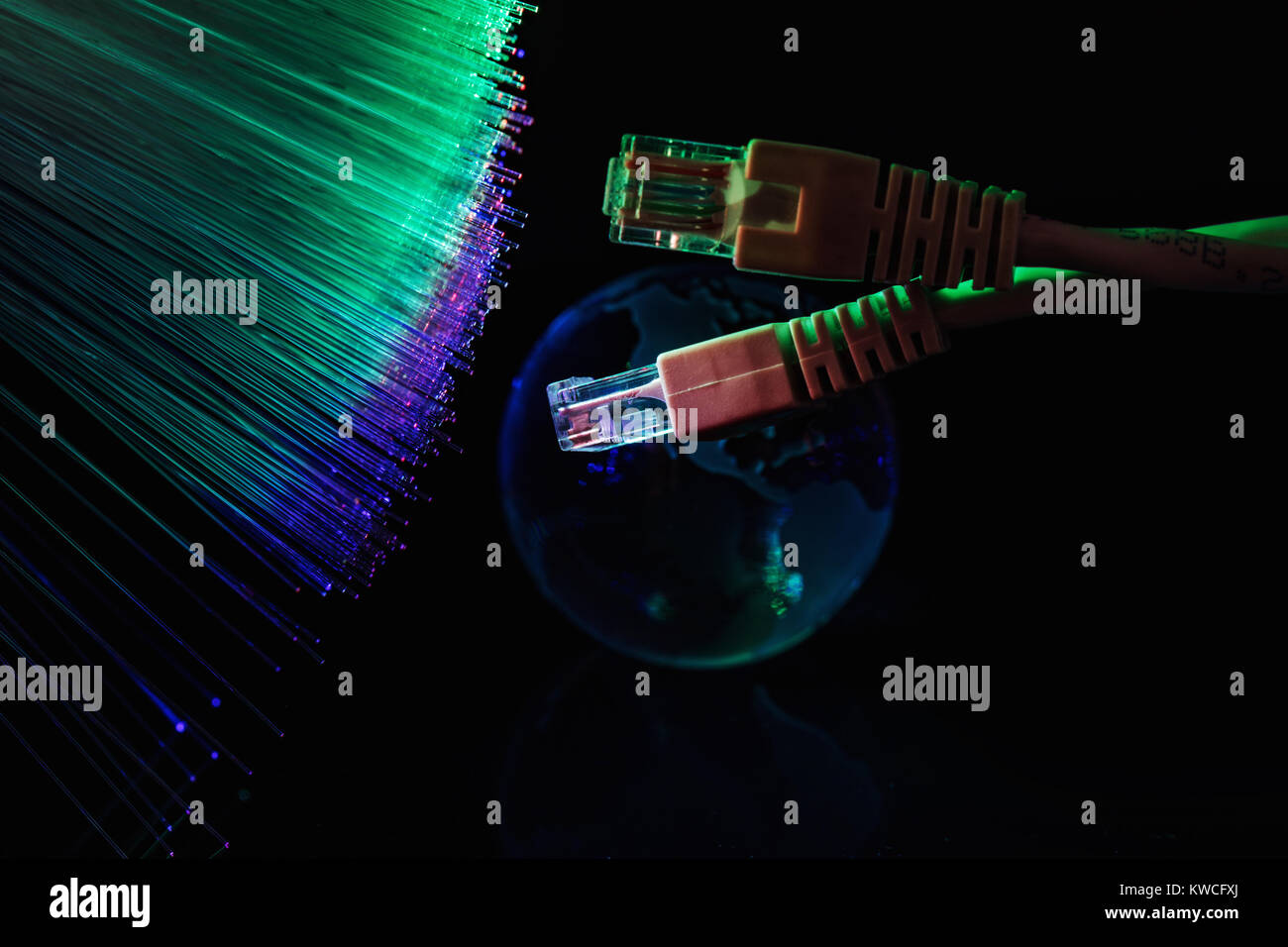color fiber optical background on black, Fiber optics lights with globe ...