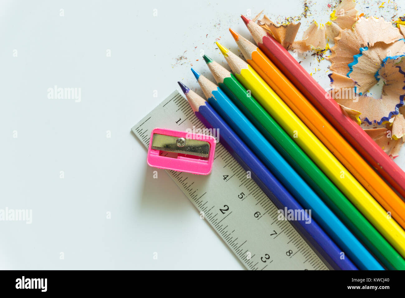 Stationery set for drawing on white background include crayons, ruler ...