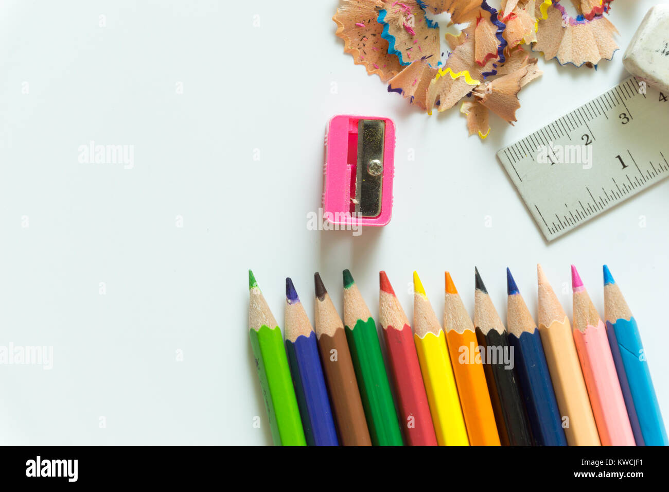 Stationery set for drawing on white background include crayons, ruler ...