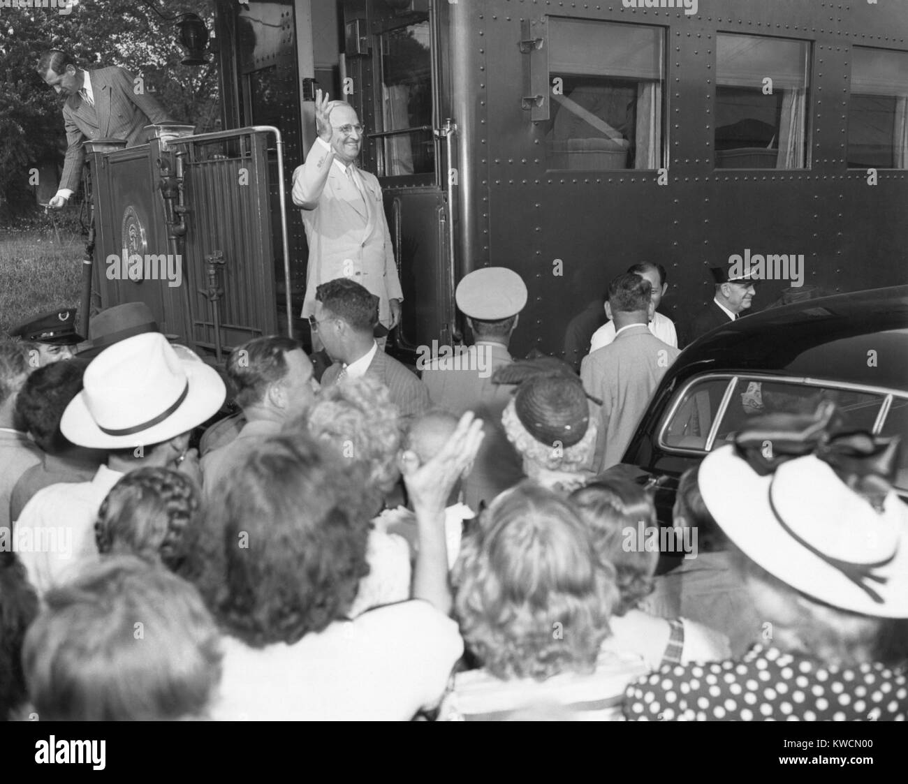 President Harry Truman on the Presidential train at a campaign stop in ...