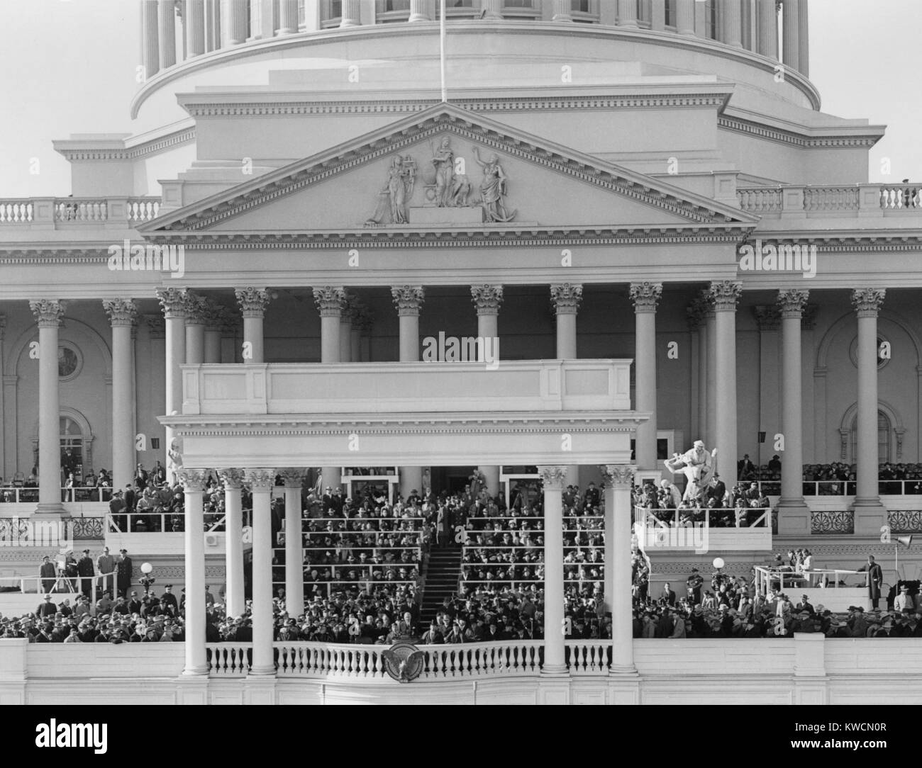 View of the President Harry Truman delivering his inaugural address ...