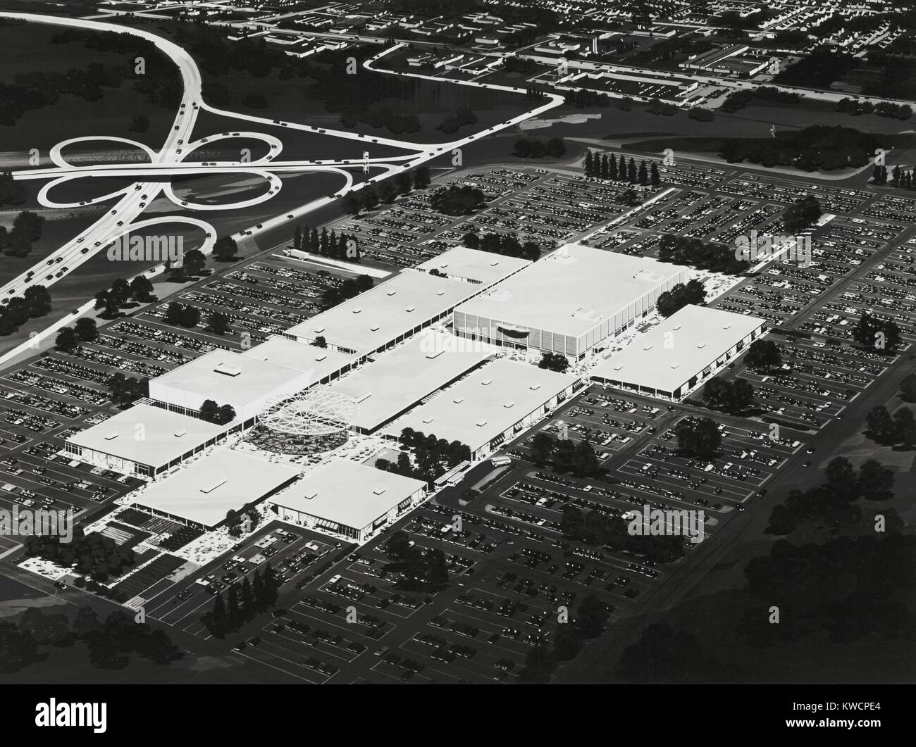Architect's drawing of the aerial view of a shopping center in ...